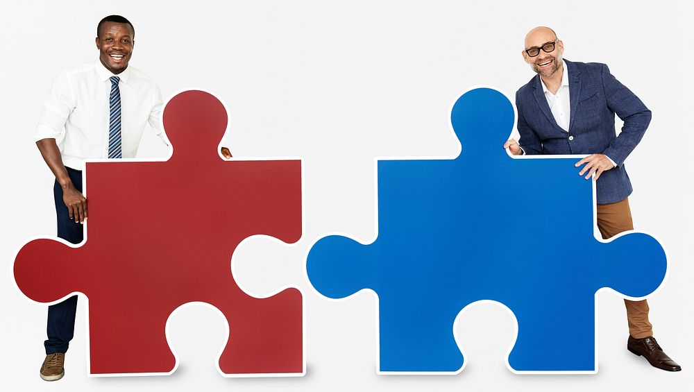Two men connecting puzzle pieces | Premium PSD - rawpixel