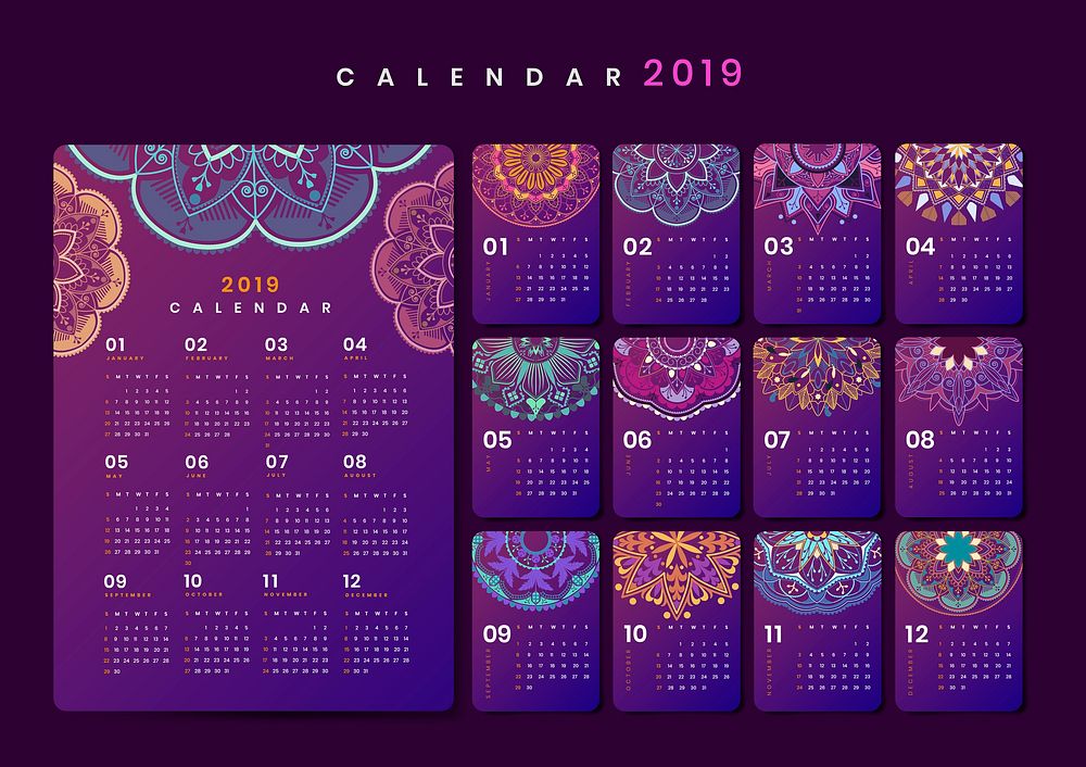 Mandala calendar 2019 vector posters | Free Vector - rawpixel