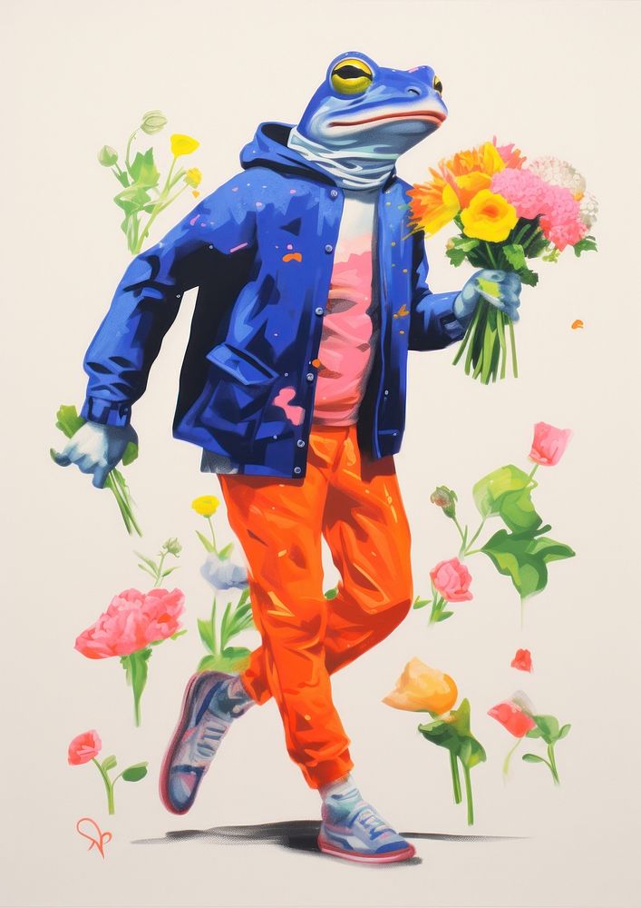 cartoon Frog holding bunch flowers | Free Photo Illustration - rawpixel