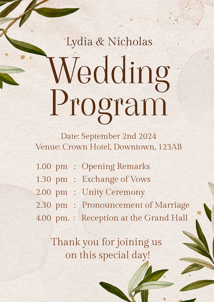 Wedding program poster template | Free Photo - rawpixel