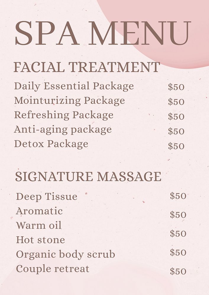 Spa menu poster template and | Free Photo - rawpixel