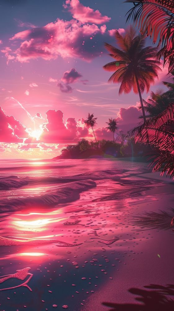 Neon beach shoreline landscape. | Free Photo Illustration - rawpixel