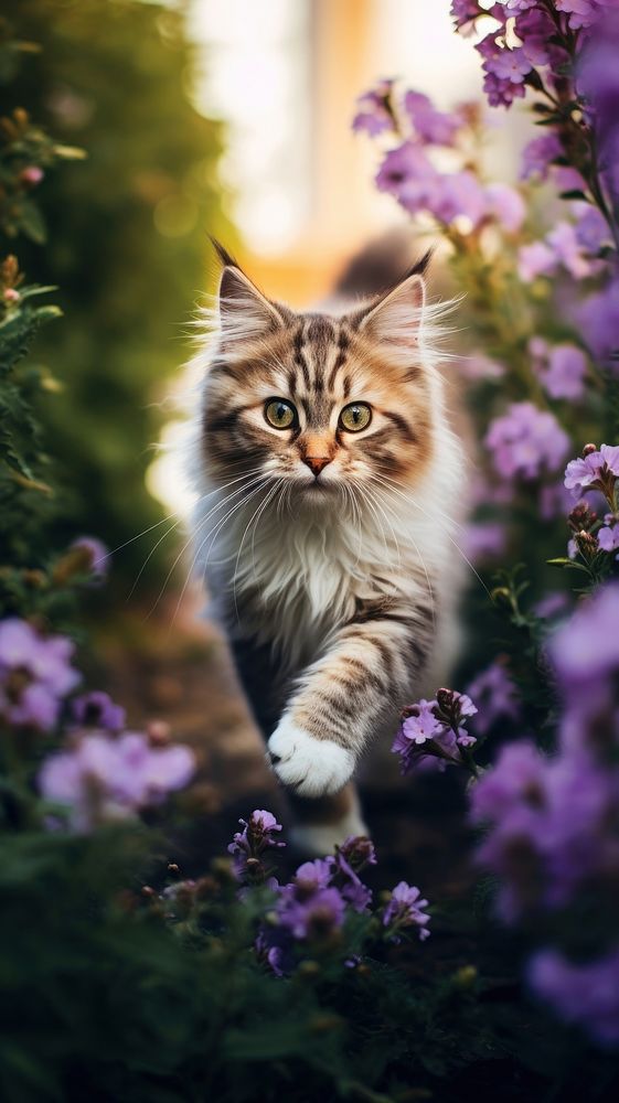 cat running summer flowers garden | Free Photo - rawpixel