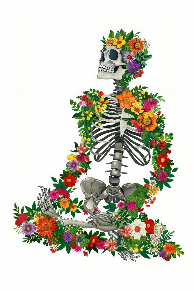 Skeleton adorned with vibrant flowers | Free Photo Illustration - rawpixel