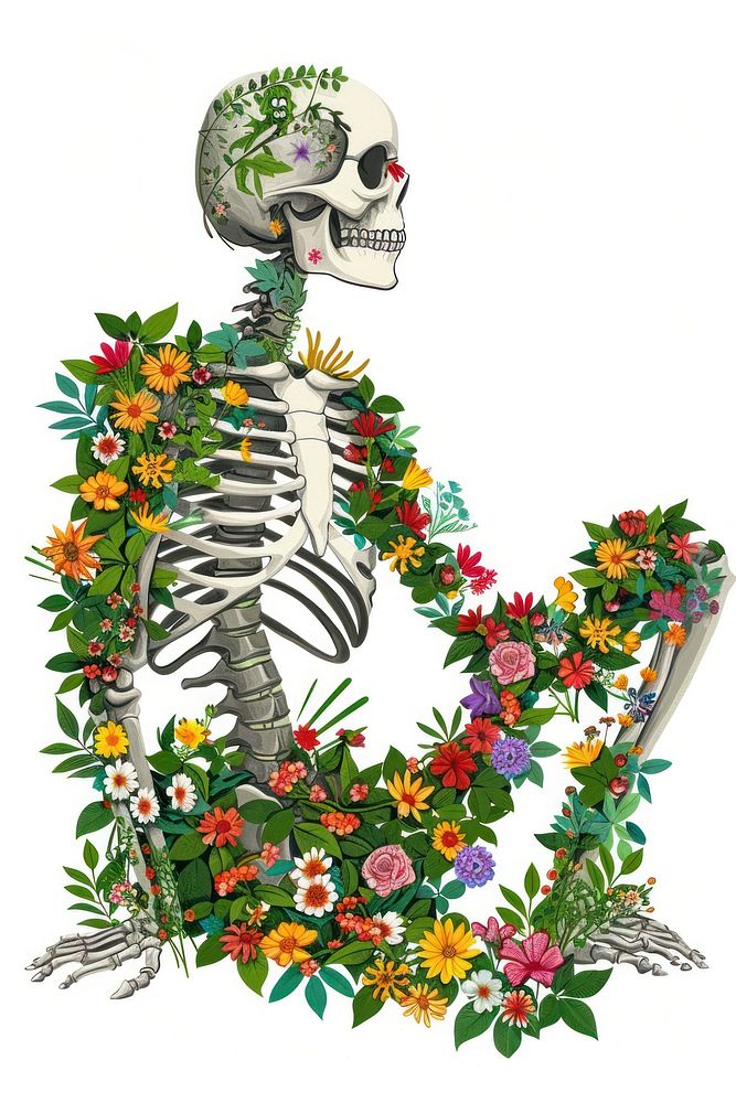 Skeleton adorned with vibrant flowers | Free Photo Illustration - rawpixel