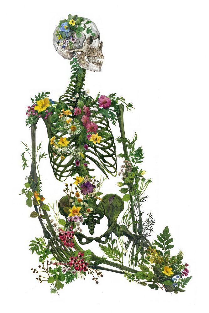 Skeleton adorned with vibrant flowers | Free Photo Illustration - rawpixel