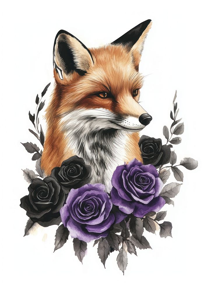 Fox roses illustration wildlife. | Free Photo Illustration - rawpixel