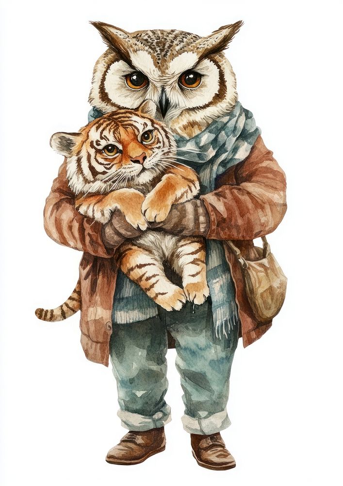 An owl hug tiger art | Free Photo Illustration - rawpixel