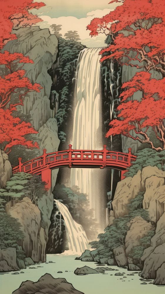 Red bridge front tall waterfall | Free Photo Illustration - rawpixel