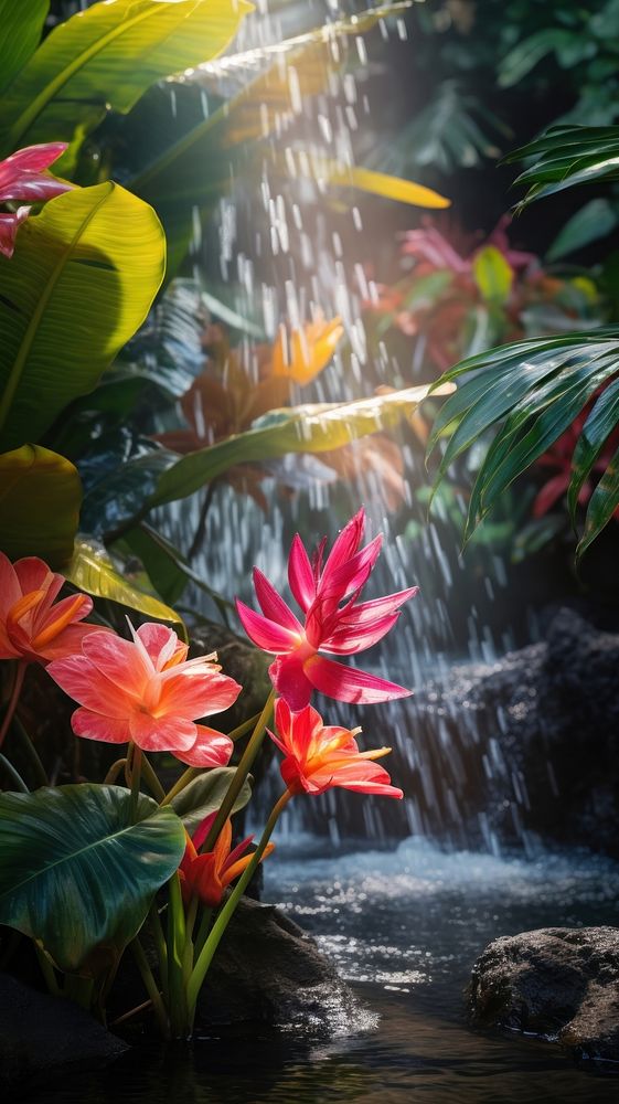 Colorful tropical flowers waterfall nature | Premium Photo - rawpixel