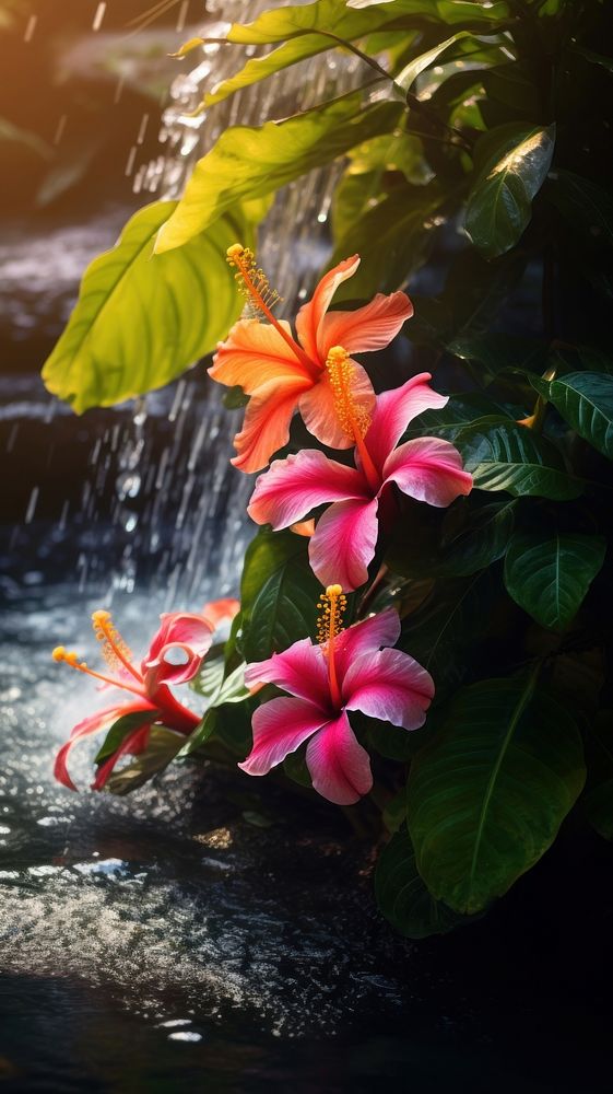 Colorful tropical flowers waterfall nature | Premium Photo - rawpixel