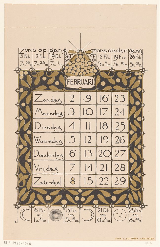 Kalenderblad voor februari 1896 (1895) | Free Photo Illustration - rawpixel