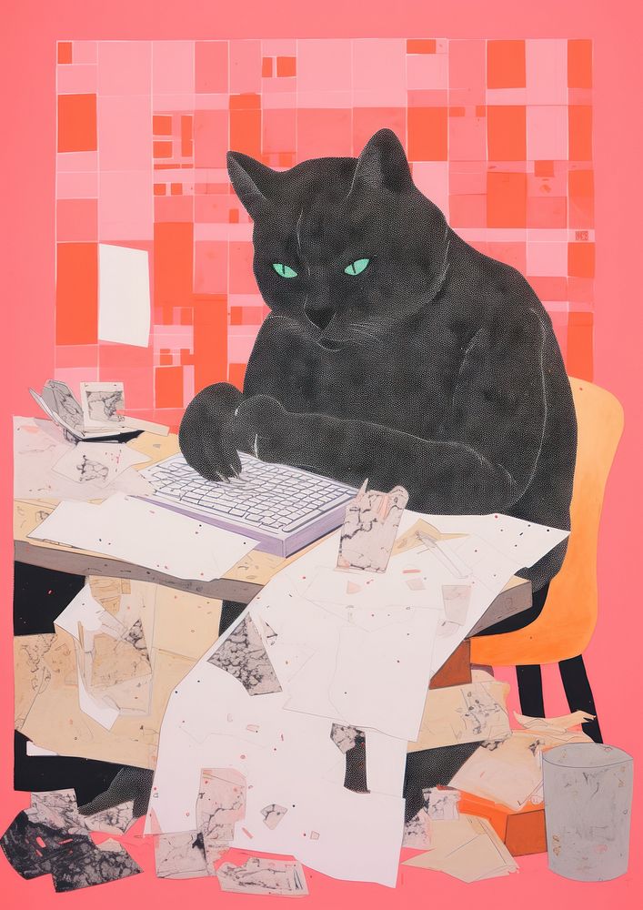 Cat doing homework Risograph art | Free Photo Illustration - rawpixel