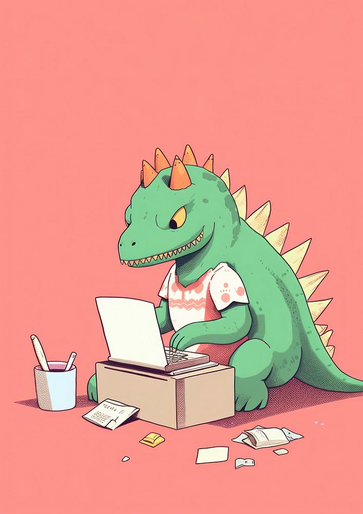 Cute dinosaur using computer cartoon | Free Photo Illustration - rawpixel