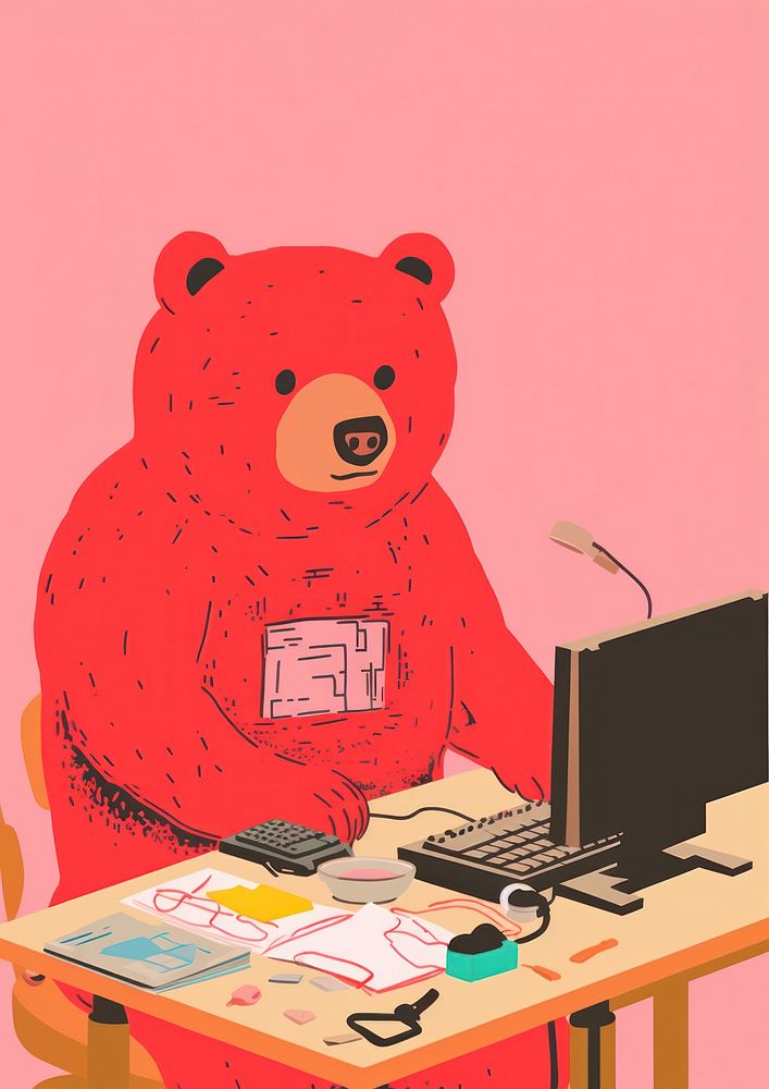 Cute bear using computer furniture | Free Photo Illustration - rawpixel