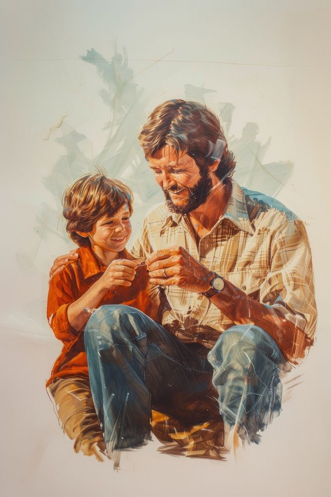father son painting drawing art | Free Photo Illustration - rawpixel