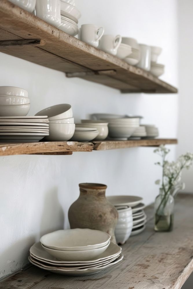 Minimal kitchen dishware wooden shelf | Free Photo - rawpixel