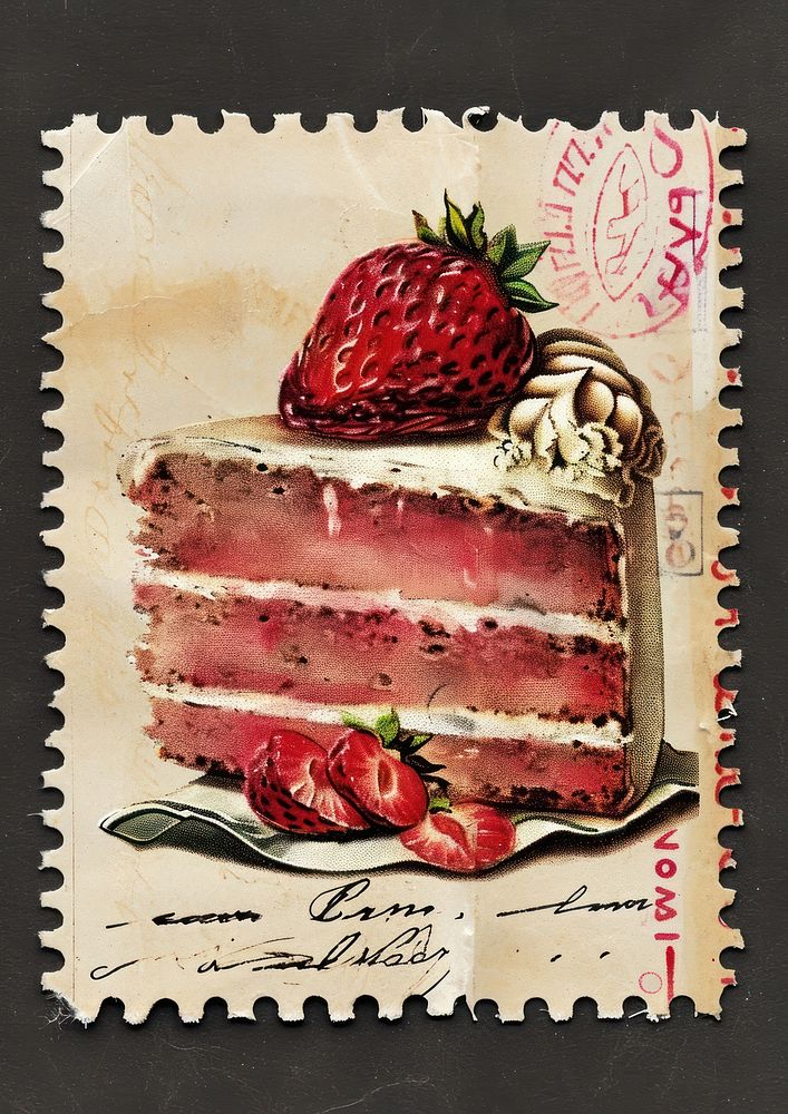 Vintage postage stamp cake strawberry | Free Photo Illustration - rawpixel