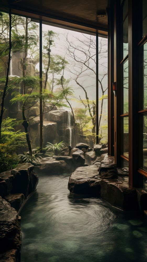 Onsen Japan architecture waterfall building. | Premium Photo - rawpixel