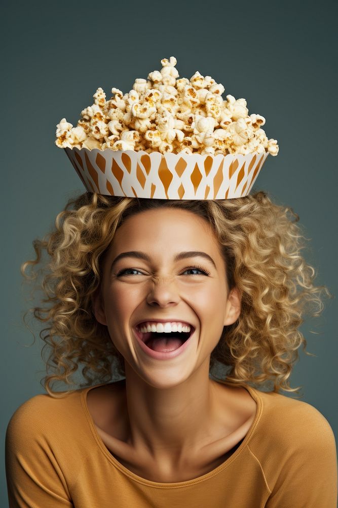 Woman holding popcorn laughing portrait | Free Photo - rawpixel