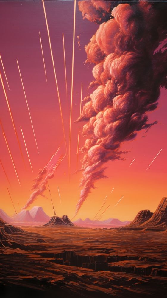 meteorites explodes pink sky mountain | Free Photo Illustration - rawpixel