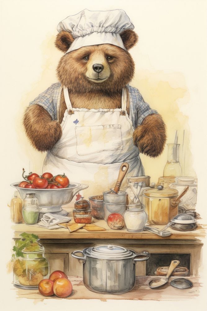 Bear character cooking painting drawing | Free Photo Illustration ...