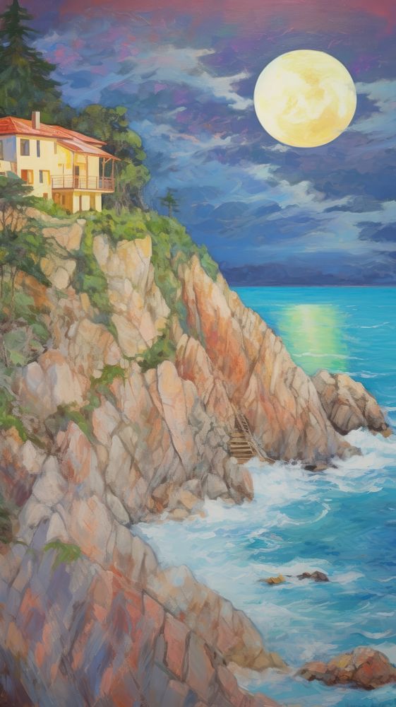 Landscape painting night coast. | Free Photo Illustration - rawpixel