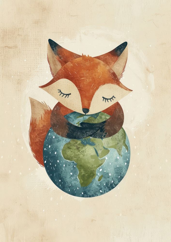 Cute fox hug earth painting | Premium Photo Illustration - rawpixel