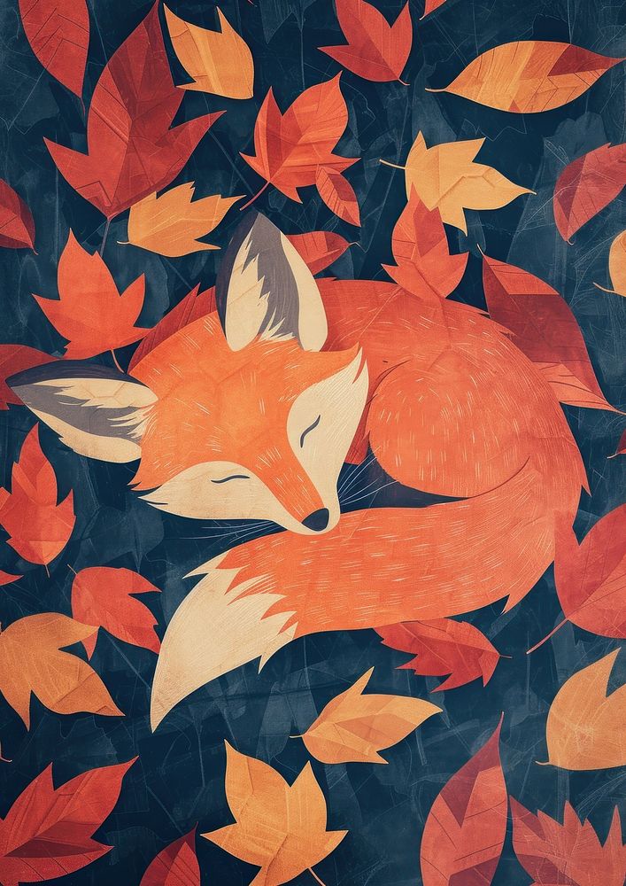 Fox sleep maple leaves art | Free Photo Illustration - rawpixel