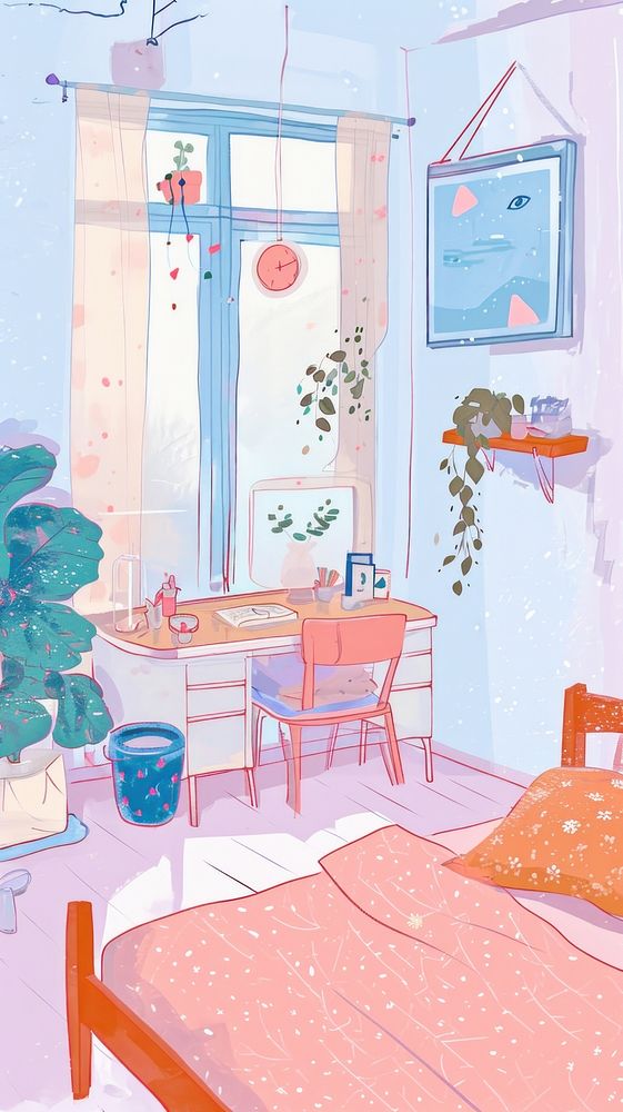 Cute bedroom illustration furniture drawing | Free Photo Illustration ...