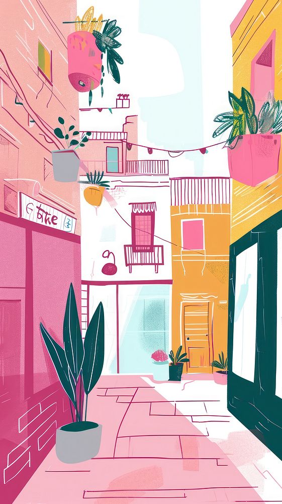 Cute downtown illustration drawing street | Free Photo Illustration ...