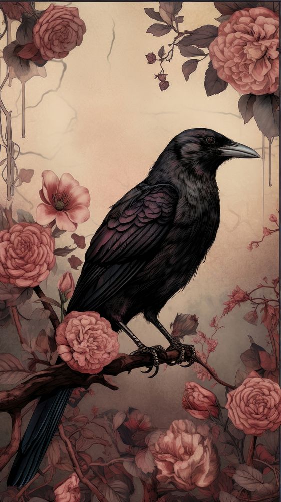 Illustration crow and roses blackbird | Free Photo Illustration - rawpixel