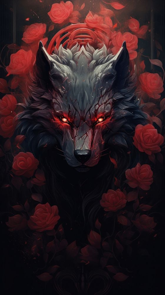 Illustration wolf and roses flower | Free Photo Illustration - rawpixel