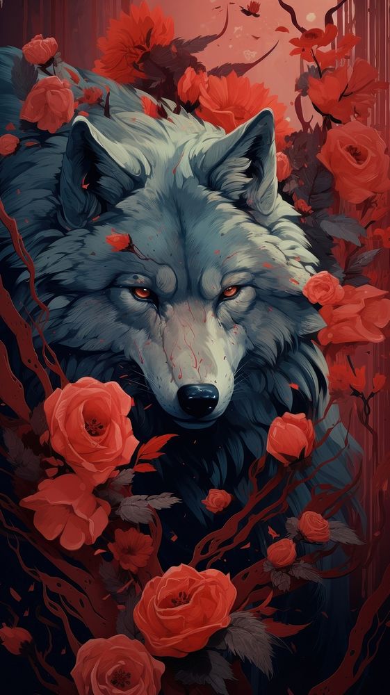 Illustration wolf and roses painting | Free Photo Illustration - rawpixel