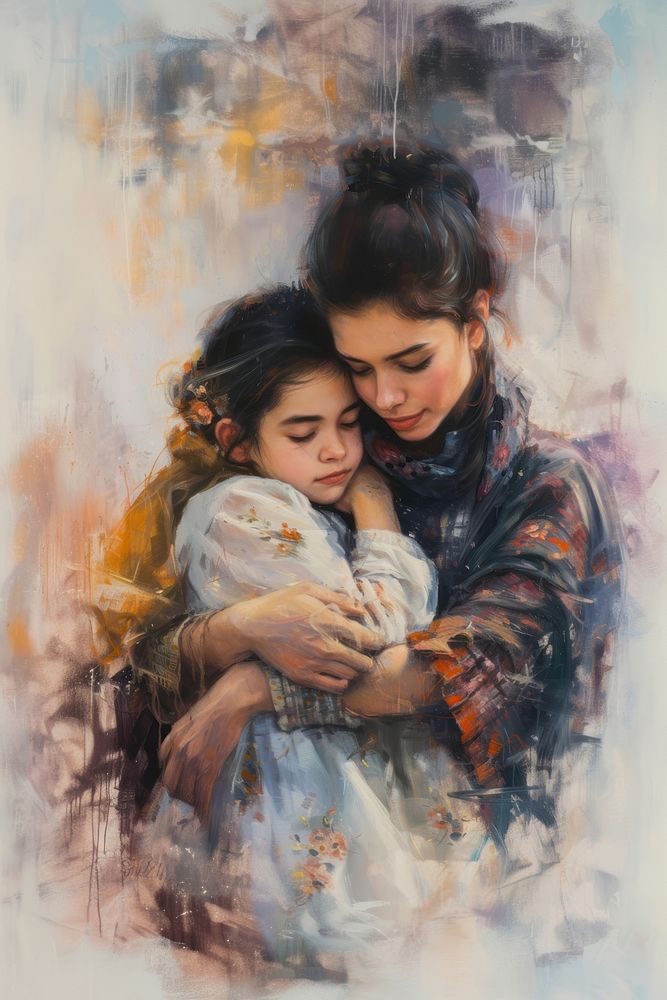 Mother painting portrait hugging. | Free Photo Illustration - rawpixel