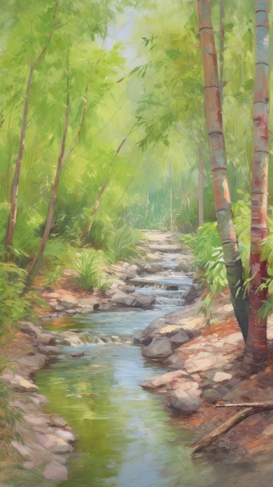 Landscape painting stream forest | Free Photo Illustration - rawpixel