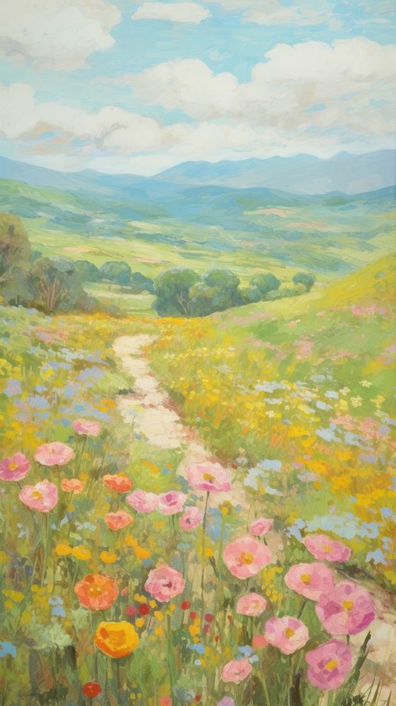 Hilly spring flower fields painting | Premium Photo Illustration - rawpixel