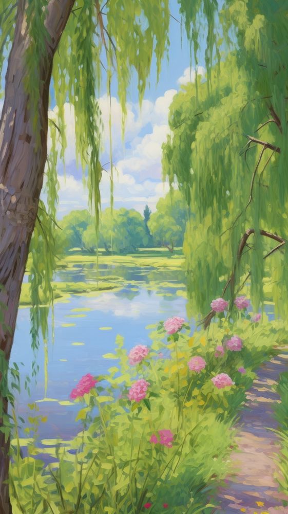 Painting willow tree pond. | Premium Photo Illustration - rawpixel