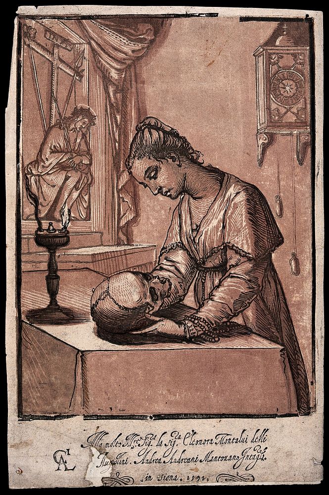 young woman contemplating skull. Woodcut | Free Photo Illustration ...