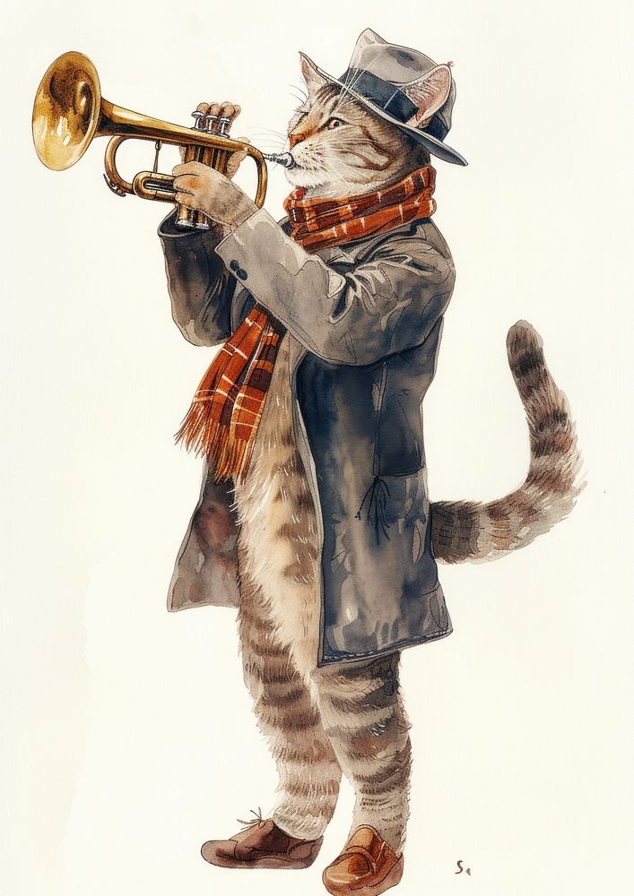 Cat playing trumpet watercolor clothing | Free Photo Illustration ...