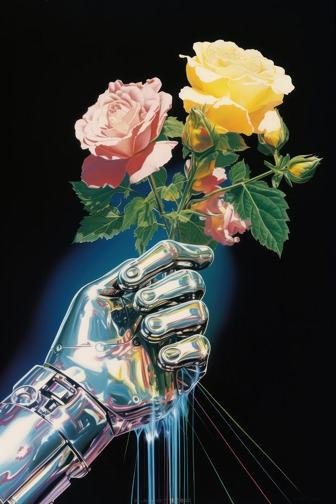 robotic hand holding flower art | Free Photo Illustration - rawpixel