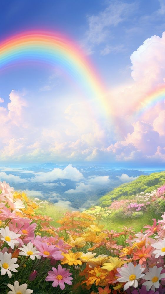 Rainbow flower field sky. | Free Photo - rawpixel