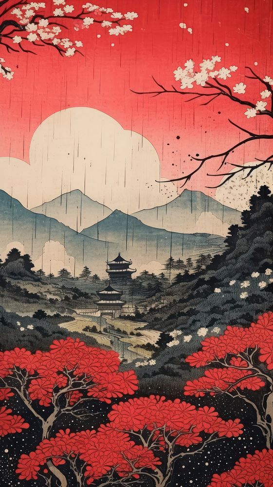 Traditional japanese vivid raining countryside | Premium Photo ...