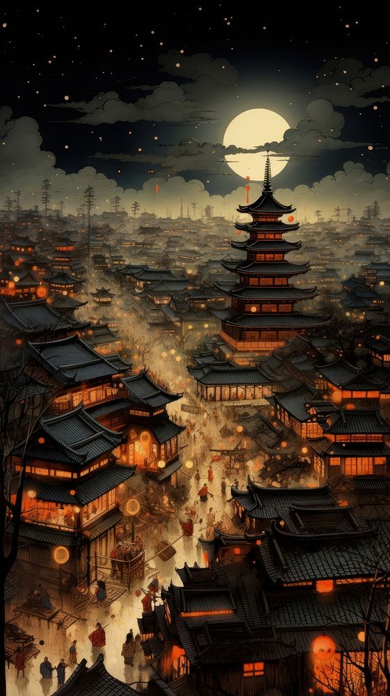 Traditional japanese crowded town night | Premium Photo Illustration ...