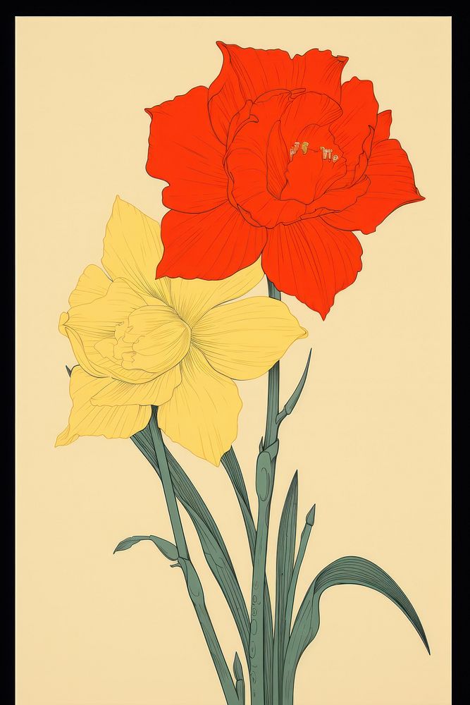 Ukiyo E Art Print Style Daffodil Premium Photo Illustration Rawpixel