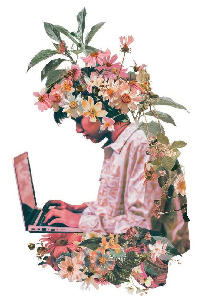 Boy using computers pattern flower | Free Photo Illustration - rawpixel