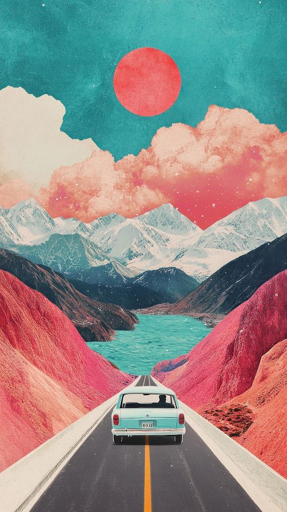 Collage Retro dreamy car driving | Free Photo Illustration - rawpixel