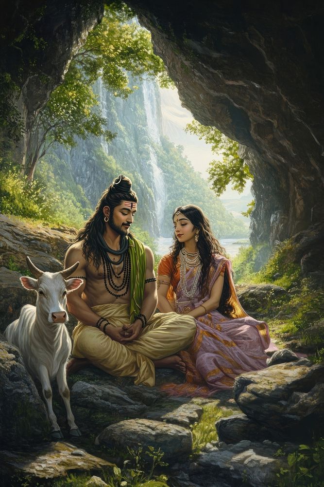 Lord Shiva Parvati cow painting | Premium Photo - rawpixel