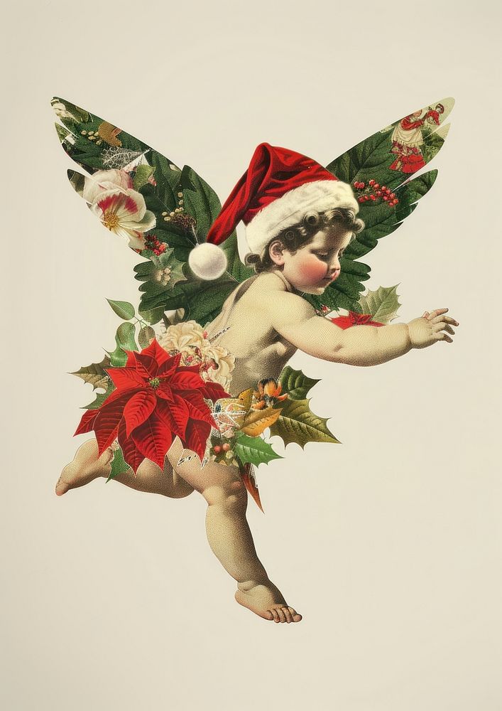 Poinsettia Flower Collage Cupid cherub | Free Photo Illustration - rawpixel