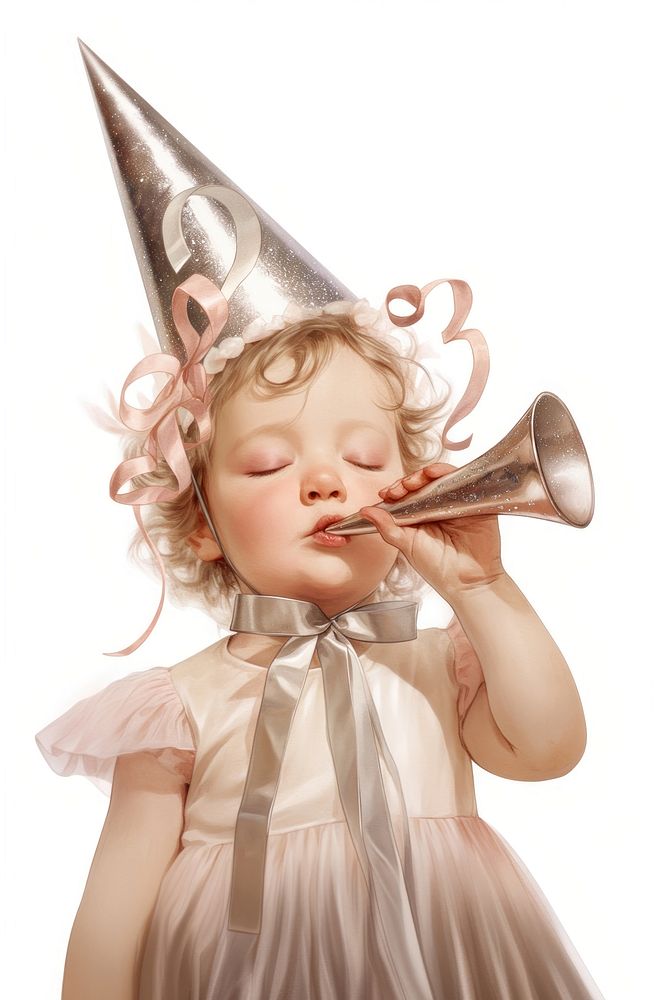 Coquette toddler blowing party horn | Free Photo Illustration - rawpixel